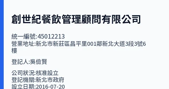 創世紀餐飲管理顧問有限公司的照片-統編 45012213(新北市) 公司登記資料與營業項目詳細圖表