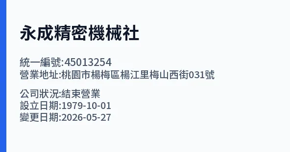 永成精密機械社的照片-統編 45013254(桃園市) 公司登記資料與營業項目詳細圖表