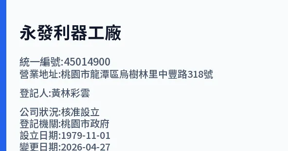 永發利器工廠的照片-統編 45014900(桃園市) 公司登記資料與營業項目詳細圖表