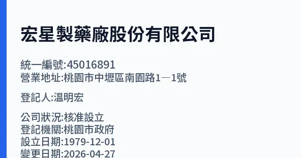 宏星製藥廠股份有限公司的照片-統編 45016891(桃園市) 公司登記資料與營業項目詳細圖表