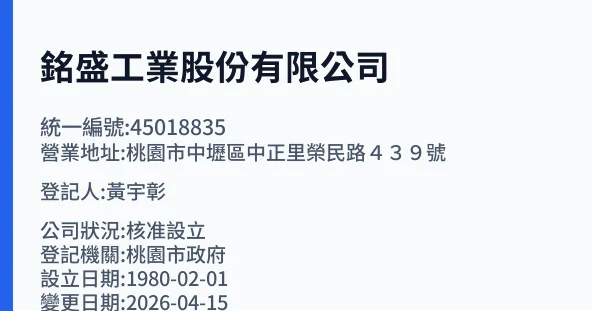 銘盛工業股份有限公司的照片-統編 45018835(桃園市) 公司登記資料與營業項目詳細圖表