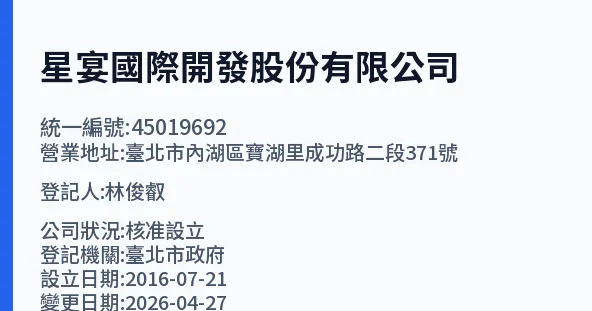 星宴國際開發股份有限公司的照片-統編 45019692(臺北市) 公司登記資料與營業項目詳細圖表