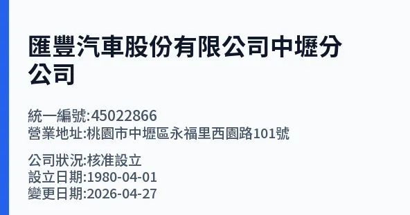 匯豐汽車股份有限公司中壢分公司的照片-統編 45022866(桃園市) 公司登記資料與營業項目詳細圖表