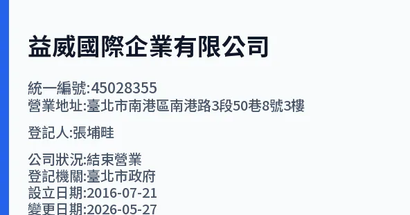 益威國際企業有限公司的照片-統編 45028355(臺北市) 公司登記資料與營業項目詳細圖表