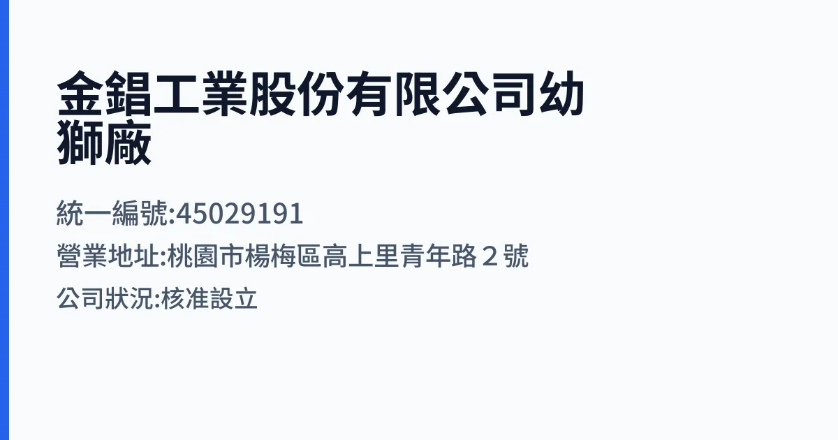 金錩工業股份有限公司幼獅廠 - 統編 45029191(桃園市) 公司登記資料與營業項目詳細圖表