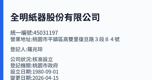 全明紙器股份有限公司的照片-統編 45031197(桃園市) 公司登記資料與營業項目詳細圖表