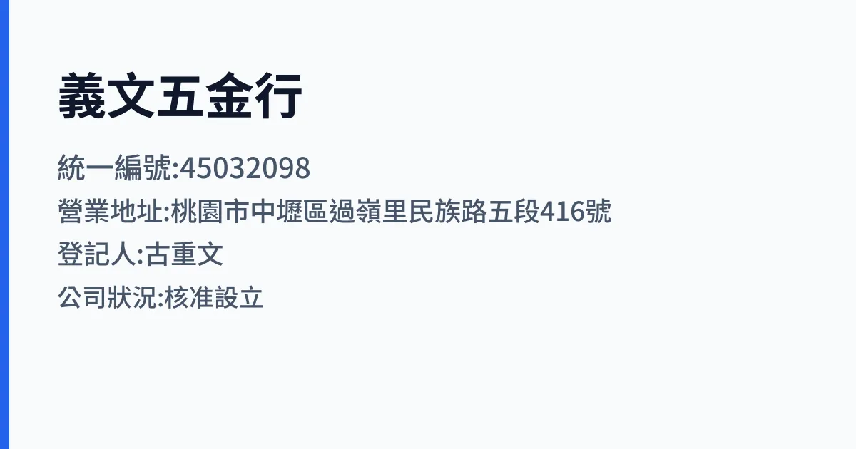 義文五金行 - 統編 45032098(桃園市) 公司登記資料與營業項目詳細圖表
