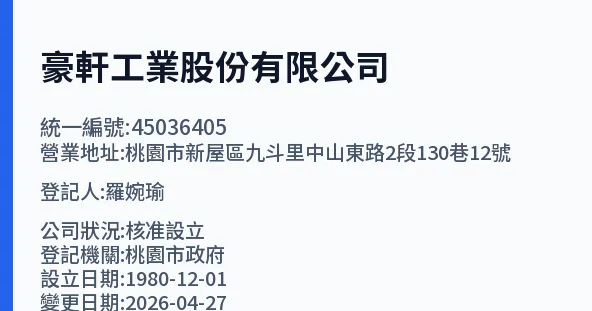 豪軒工業股份有限公司的照片-統編 45036405(桃園市) 公司登記資料與營業項目詳細圖表