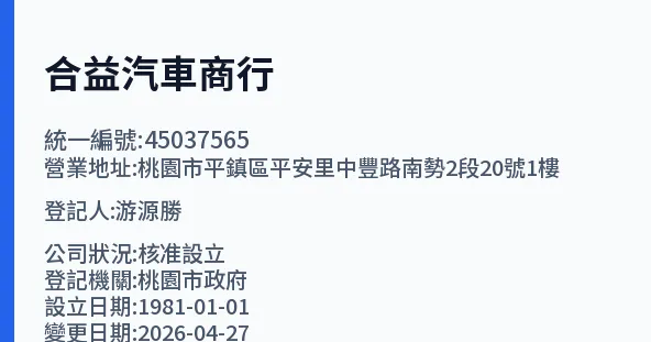 合益汽車商行的照片-統編 45037565(桃園市) 公司登記資料與營業項目詳細圖表