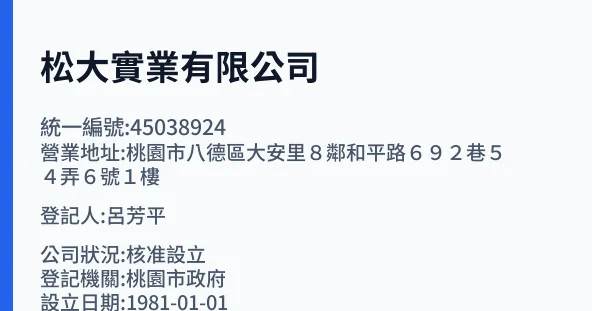 松大實業有限公司的照片-統編 45038924(桃園市) 公司登記資料與營業項目詳細圖表