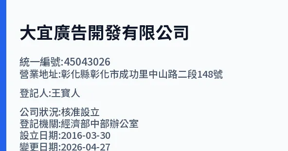 大宜廣告開發有限公司的照片-統編 45043026(彰化縣) 公司登記資料與營業項目詳細圖表