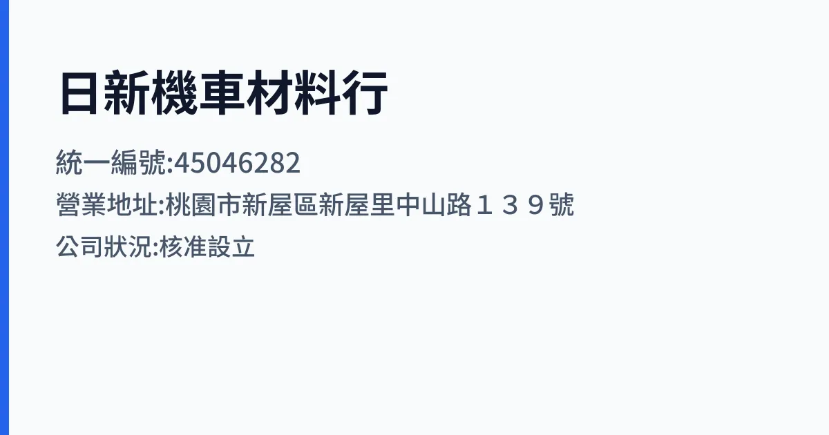 日新機車材料行 - 統編 45046282(桃園市) 公司登記資料與營業項目詳細圖表