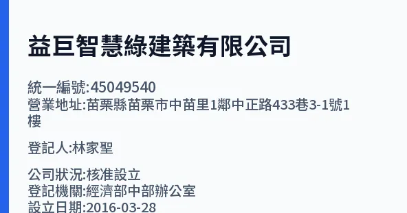 益巨智慧綠建築有限公司的照片-統編 45049540(苗栗縣) 公司登記資料與營業項目詳細圖表