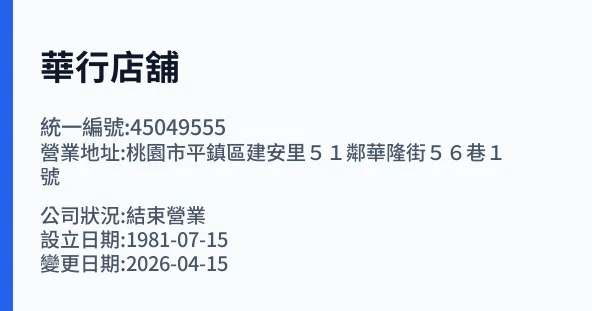 華行店舖的照片-統編 45049555(桃園市) 公司登記資料與營業項目詳細圖表