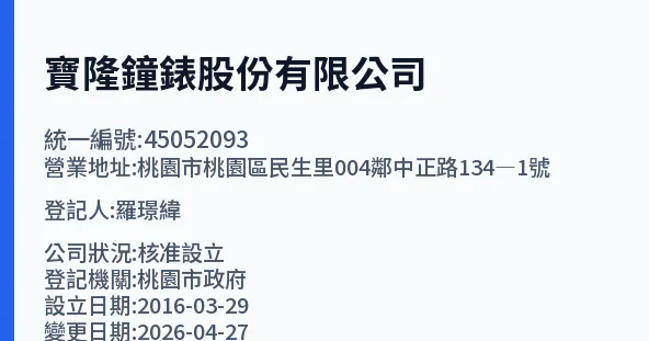 寶隆鐘錶股份有限公司的照片-統編 45052093(桃園市) 公司登記資料與營業項目詳細圖表