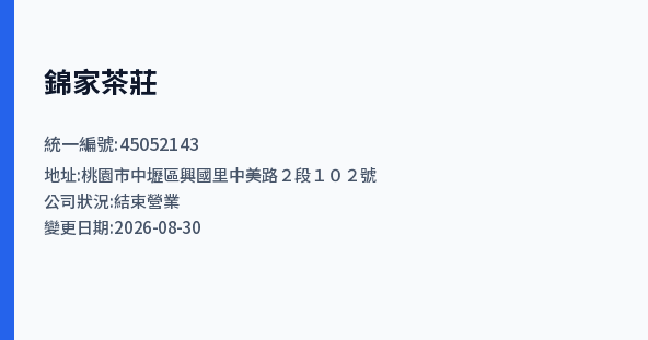 錦家茶莊的照片-統編 45052143(桃園市) 公司登記資料與營業項目詳細圖表