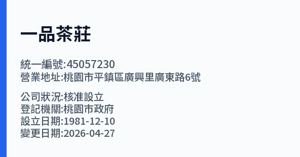 一品茶莊的照片-統編 45057230(桃園市) 公司登記資料與營業項目詳細圖表