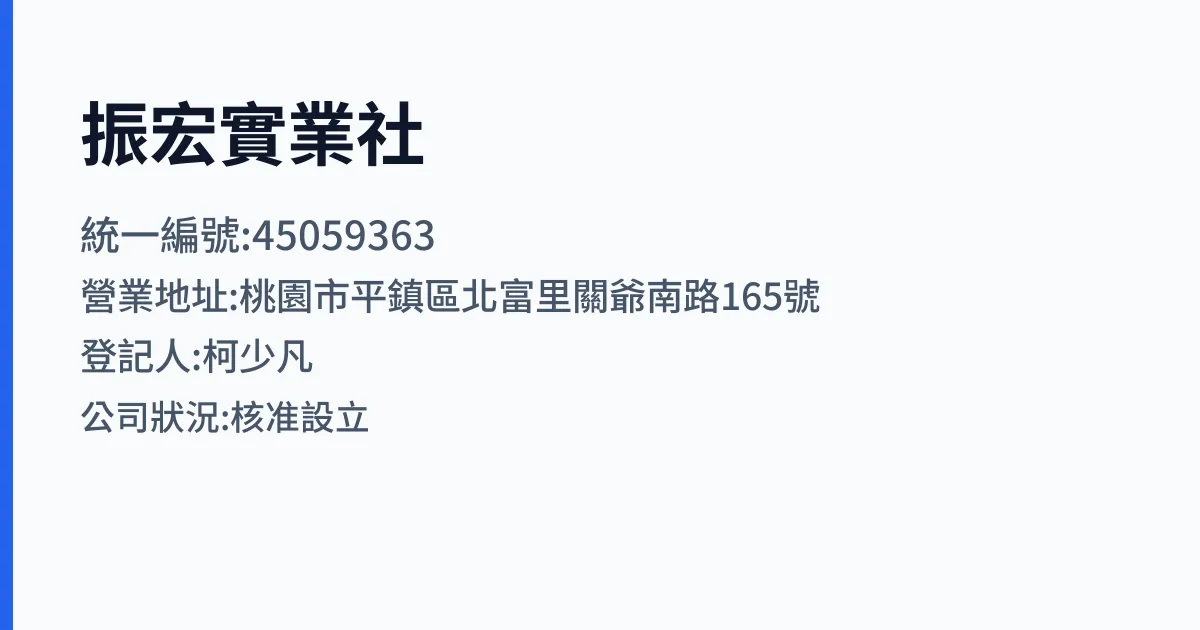 振宏實業社 - 統編 45059363(桃園市) 公司登記資料與營業項目詳細圖表