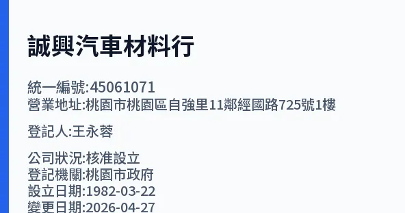 誠興汽車材料行的照片-統編 45061071(桃園市) 公司登記資料與營業項目詳細圖表