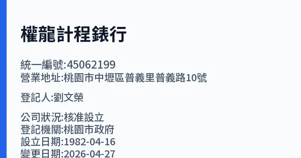權龍計程錶行的照片-統編 45062199(桃園市) 公司登記資料與營業項目詳細圖表