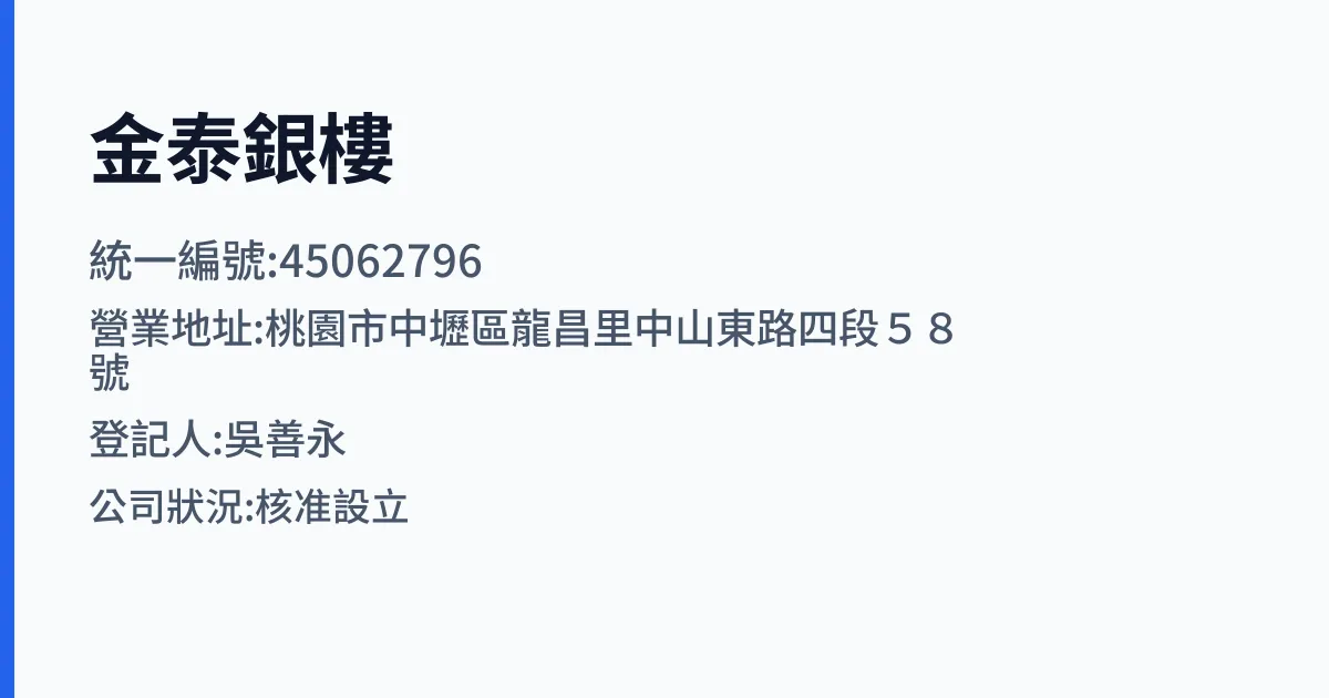 金泰銀樓 - 統編 45062796(桃園市) 公司登記資料與營業項目詳細圖表