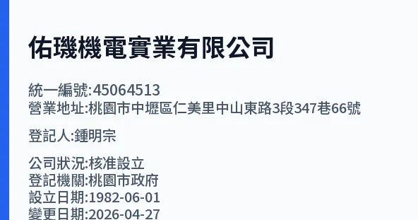 佑璣機電實業有限公司的照片-統編 45064513(桃園市) 公司登記資料與營業項目詳細圖表