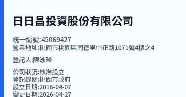 日日昌投資股份有限公司的照片-統編 45069427(桃園市) 公司登記資料與營業項目詳細圖表