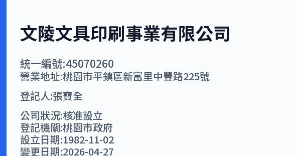 文陵文具印刷事業有限公司的照片-統編 45070260(桃園市) 公司登記資料與營業項目詳細圖表