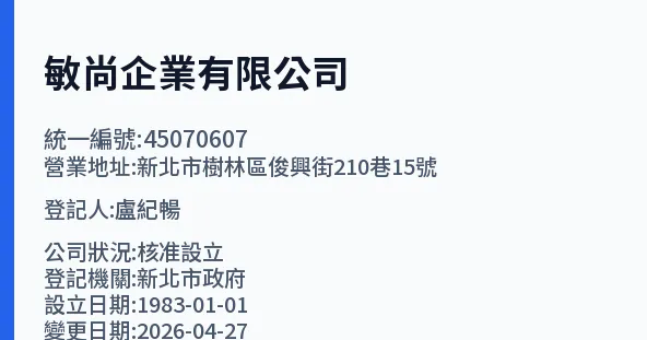 敏尚企業有限公司的照片-統編 45070607(新北市) 公司登記資料與營業項目詳細圖表