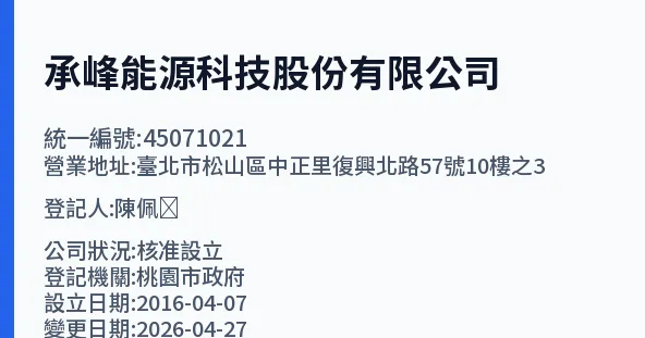 承峰能源科技股份有限公司的照片-統編 45071021(臺北市) 公司登記資料與營業項目詳細圖表