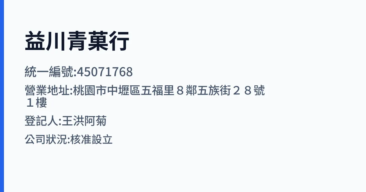 益川青菓行 - 統編 45071768(桃園市) 公司登記資料與營業項目詳細圖表