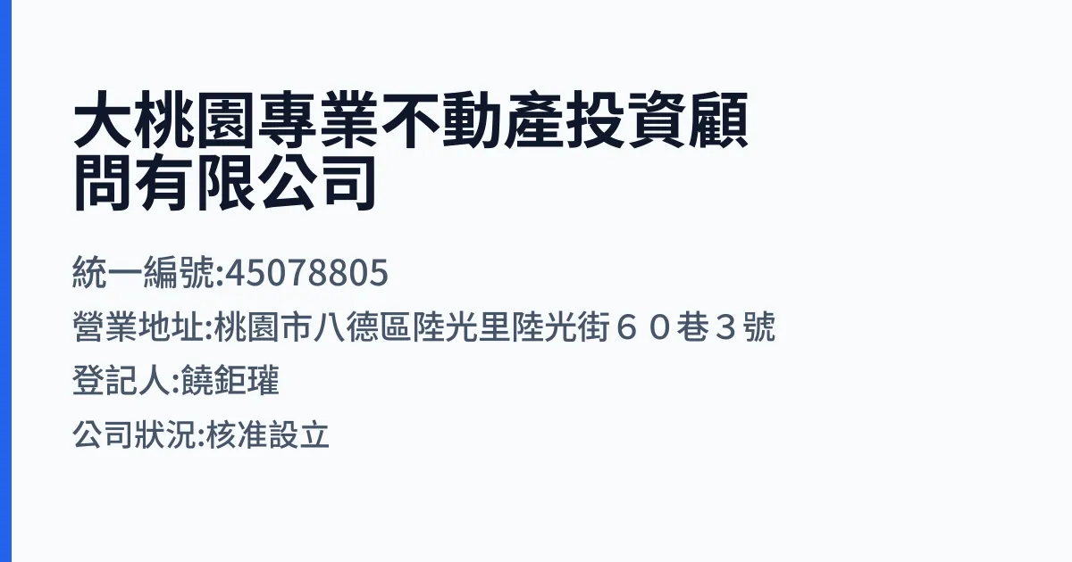 大桃園專業不動產投資顧問有限公司 - 統編 45078805(桃園市) 公司登記資料與營業項目詳細圖表