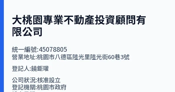 大桃園專業不動產投資顧問有限公司的照片-統編 45078805(桃園市) 公司登記資料與營業項目詳細圖表