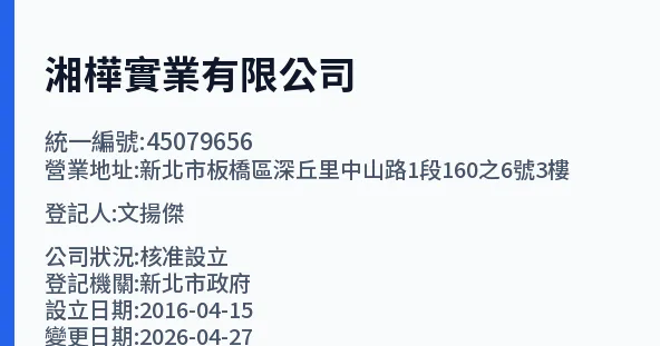 湘樺實業有限公司的照片-統編 45079656(新北市) 公司登記資料與營業項目詳細圖表