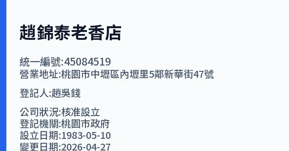 趙錦泰老香店的照片-統編 45084519(桃園市) 公司登記資料與營業項目詳細圖表