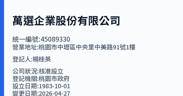 萬選企業股份有限公司的照片-統編 45089330(桃園市) 公司登記資料與營業項目詳細圖表