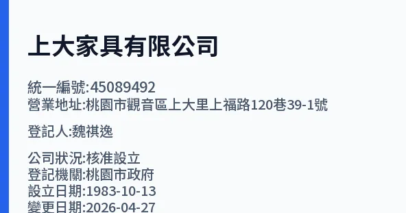 上大家具有限公司的照片-統編 45089492(桃園市) 公司登記資料與營業項目詳細圖表
