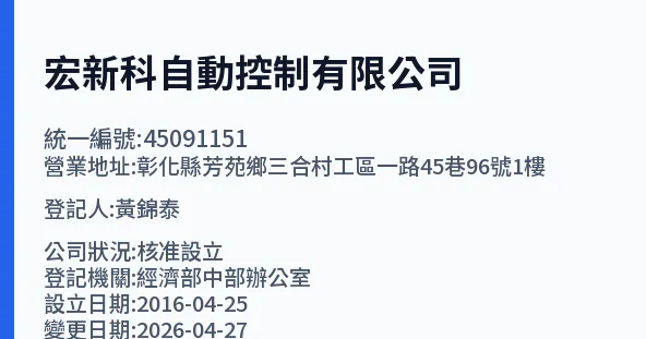 宏新科自動控制有限公司的照片-統編 45091151(彰化縣) 公司登記資料與營業項目詳細圖表