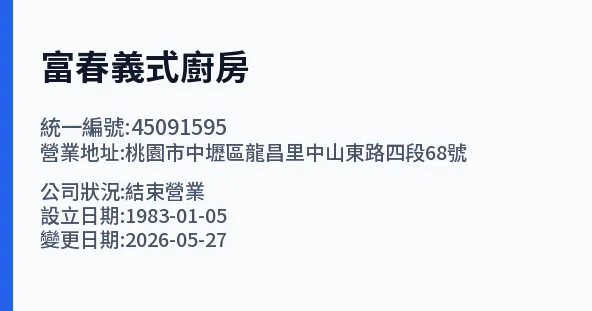 富春義式廚房的照片-統編 45091595(桃園市) 公司登記資料與營業項目詳細圖表