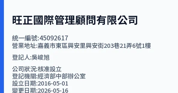 旺正國際管理顧問有限公司的照片-統編 45092617(嘉義市) 公司登記資料與營業項目詳細圖表
