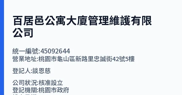百居邑公寓大廈管理維護有限公司的照片-統編 45092644(桃園市) 公司登記資料與營業項目詳細圖表