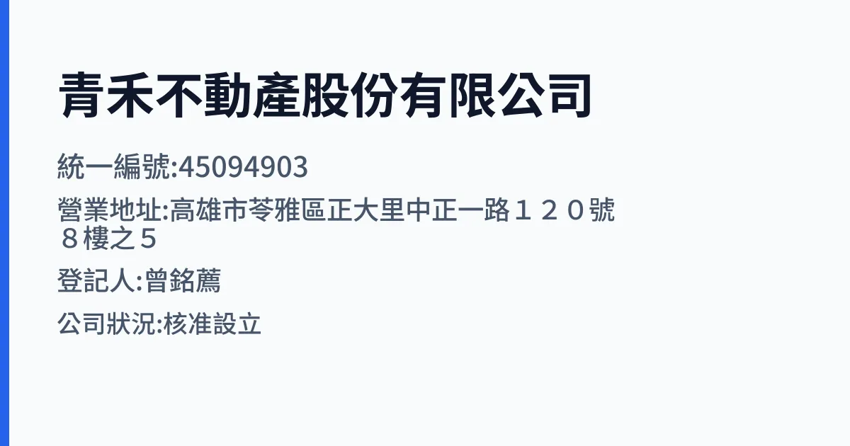 青禾不動產股份有限公司 - 統編 45094903(高雄市) 公司登記資料與營業項目詳細圖表