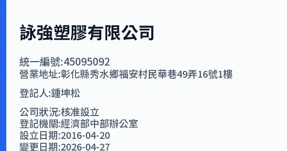 詠強塑膠有限公司的照片-統編 45095092(彰化縣) 公司登記資料與營業項目詳細圖表