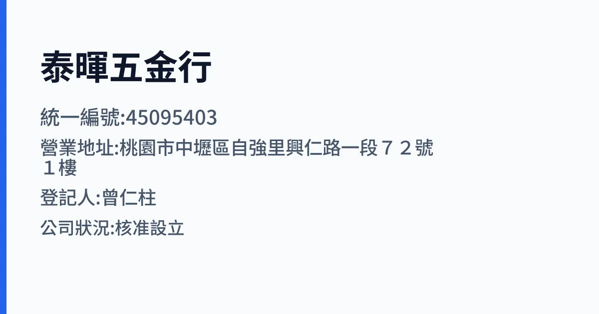泰暉五金行 - 統編 45095403(桃園市) 公司登記資料與營業項目詳細圖表