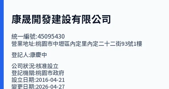 康晟開發建設有限公司的照片-統編 45095430(桃園市) 公司登記資料與營業項目詳細圖表
