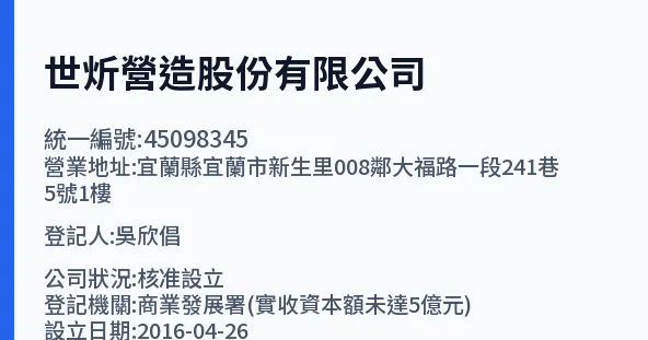 世炘營造股份有限公司的照片-統編 45098345(宜蘭縣) 公司登記資料與營業項目詳細圖表