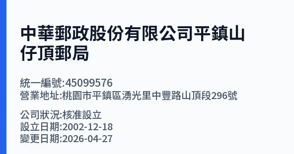 中華郵政股份有限公司平鎮山仔頂郵局的照片-統編 45099576(桃園市) 公司登記資料與營業項目詳細圖表