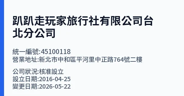 趴趴走玩家旅行社有限公司台北分公司的照片-統編 45100118(新北市) 公司登記資料與營業項目詳細圖表