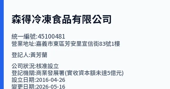 森得冷凍食品有限公司的照片-統編 45100481(嘉義市) 公司登記資料與營業項目詳細圖表