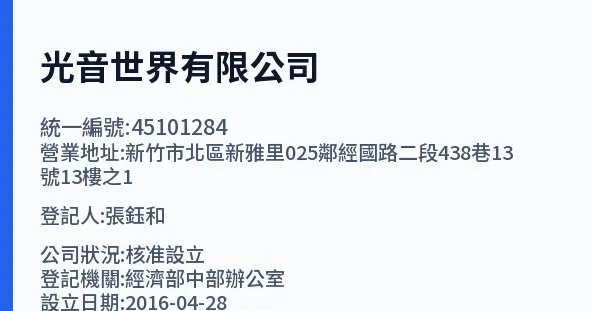 光音世界有限公司的照片-統編 45101284(新竹市) 公司登記資料與營業項目詳細圖表